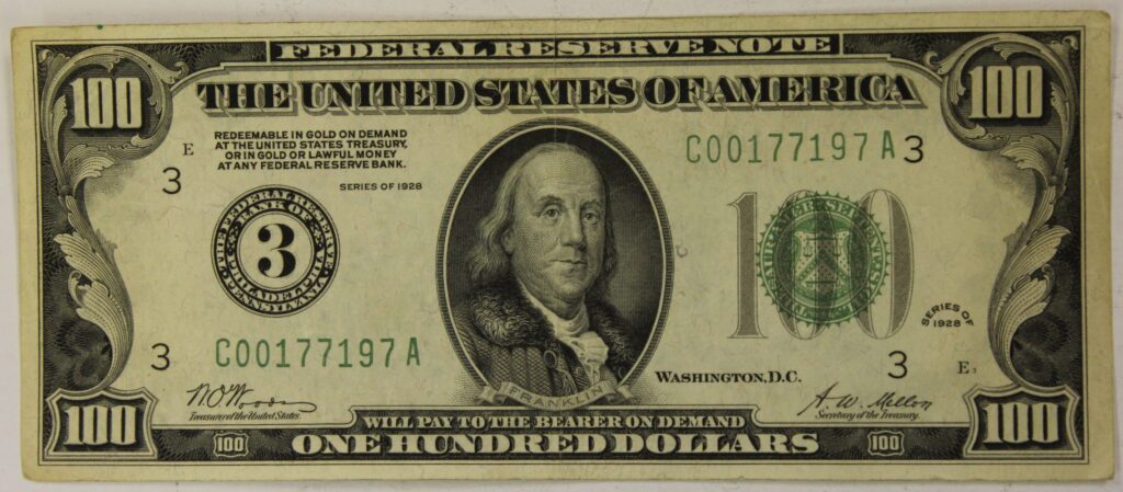 1928 One Hundred Dollar Federal Reserve Note Philadelphia “Gold Clause ...
