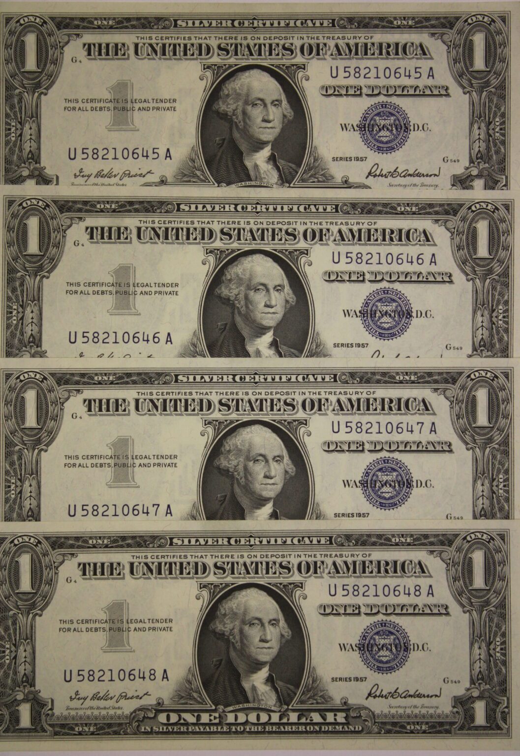 AUCTION- Four Series 1957 One Dollar Silver Certificates Consecutive ...