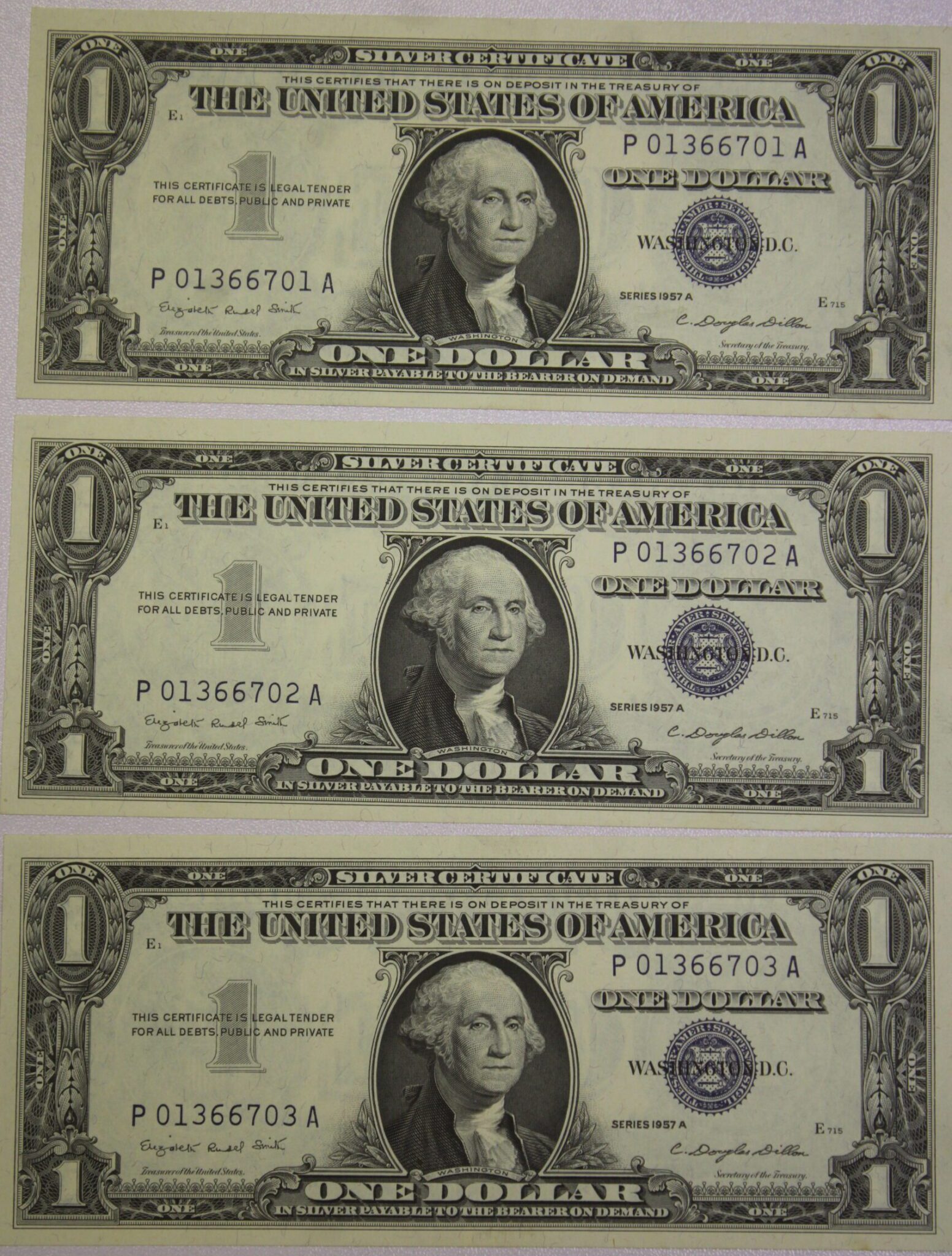 AUCTION- 1957-A One Dollar Silver Certificates (3) Crisp Uncirculated ...