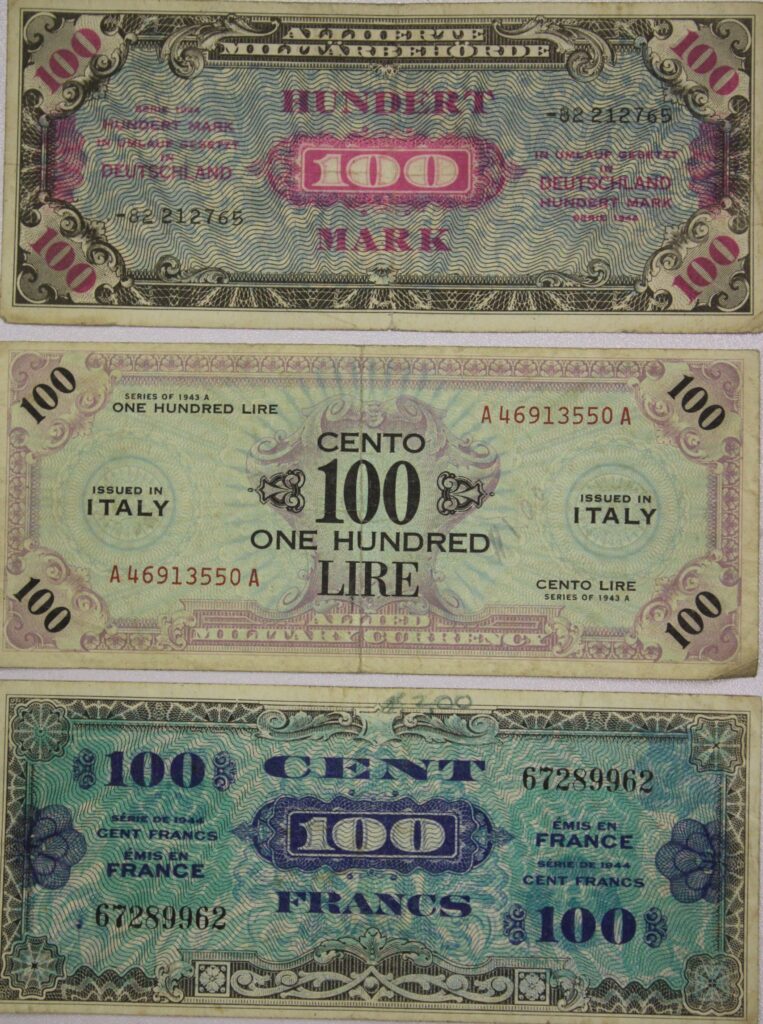 1943 & 1944 Allied Military Currency Italy 100 Lire, Germany 100 Mark ...